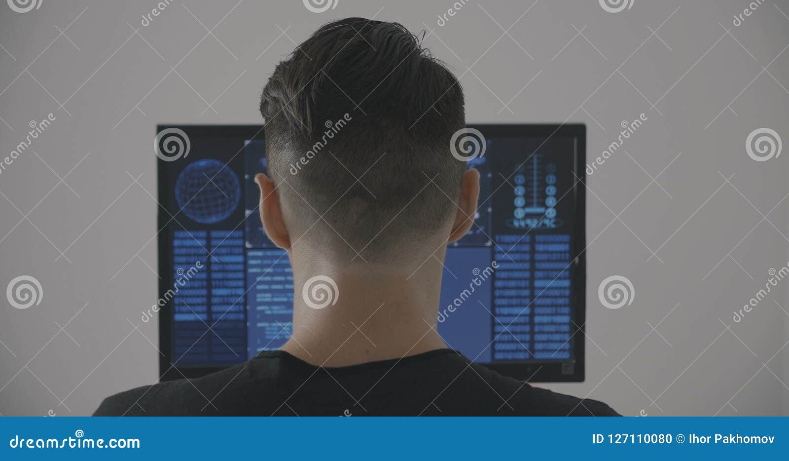 Back View of Man Programmer Working on Computer at Office Stock Footage ...