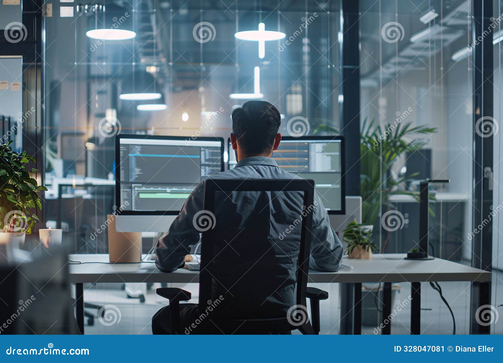 Back View of Man Programmer Working with Computer in Office Stock ... Back View of Man Programmer Working with Computer in Office Stock ...