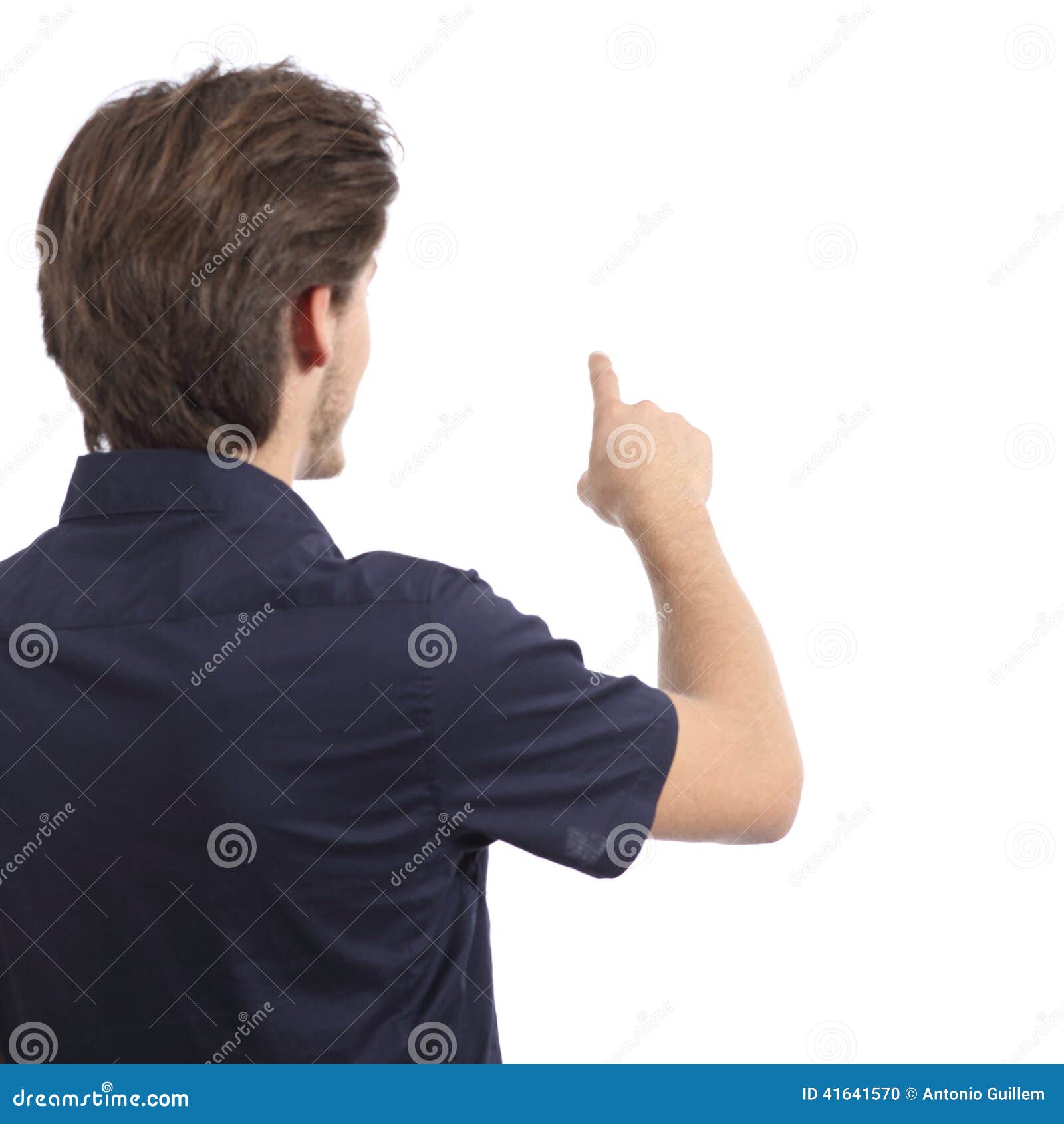 Back View of a Man Pushing Button in the Air Stock Photo - Image of ...