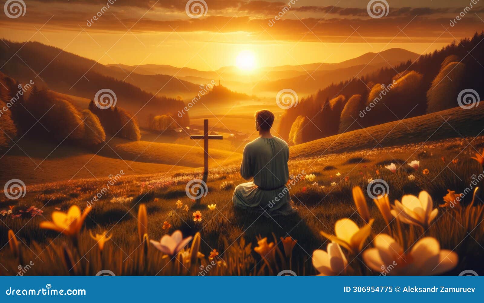 Back View of Man Sitting on the Flowers Meadow and Looking on Cross ...