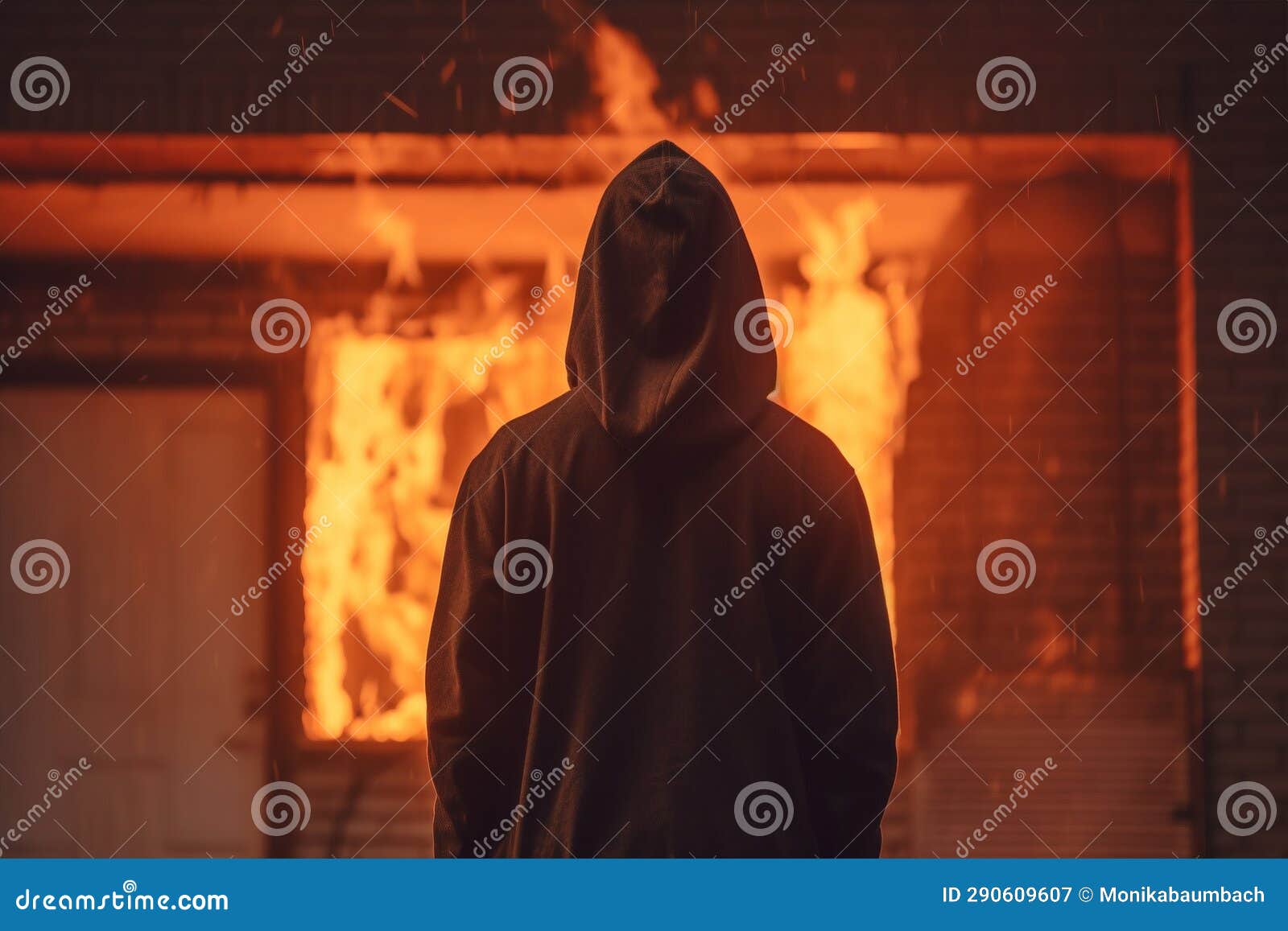 Back View of Man Standing in Front of Burning Building Stock ...