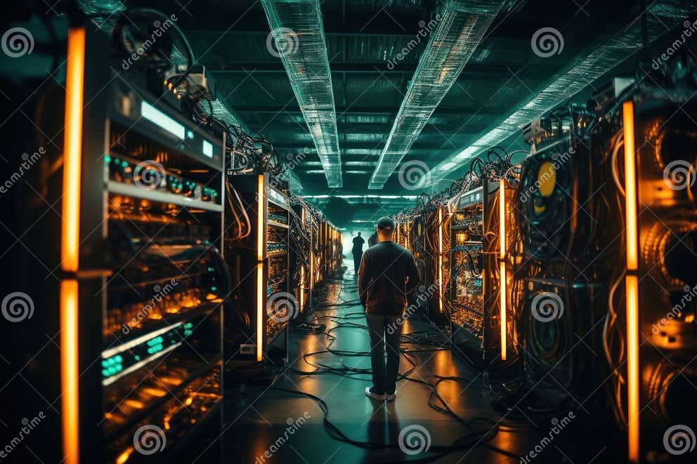 Back View of a Man Standing in Front of a Server Room Full of Servers ...
