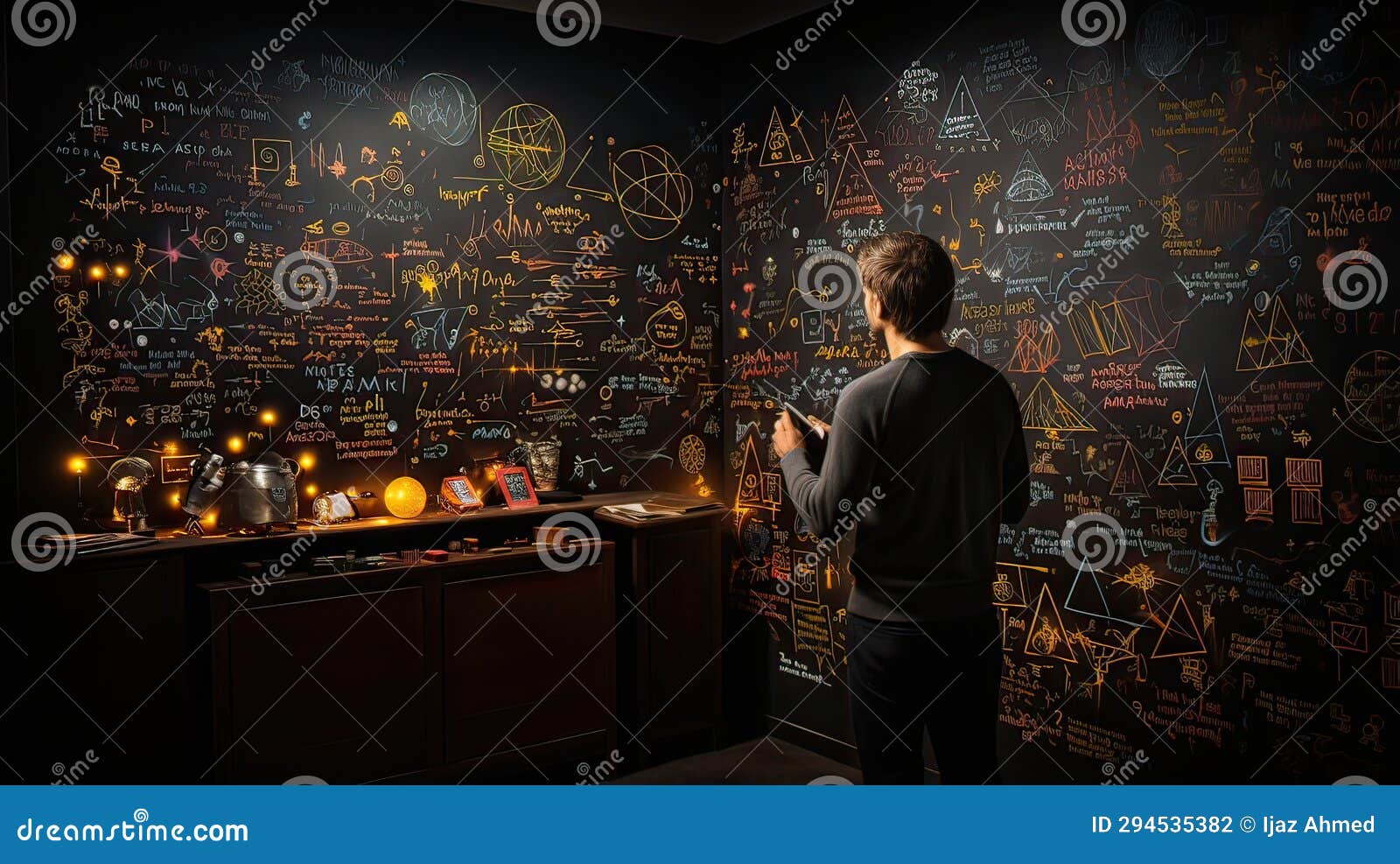 Back View of a Man Standing and Looking at a Board Fully Wrote with ...
