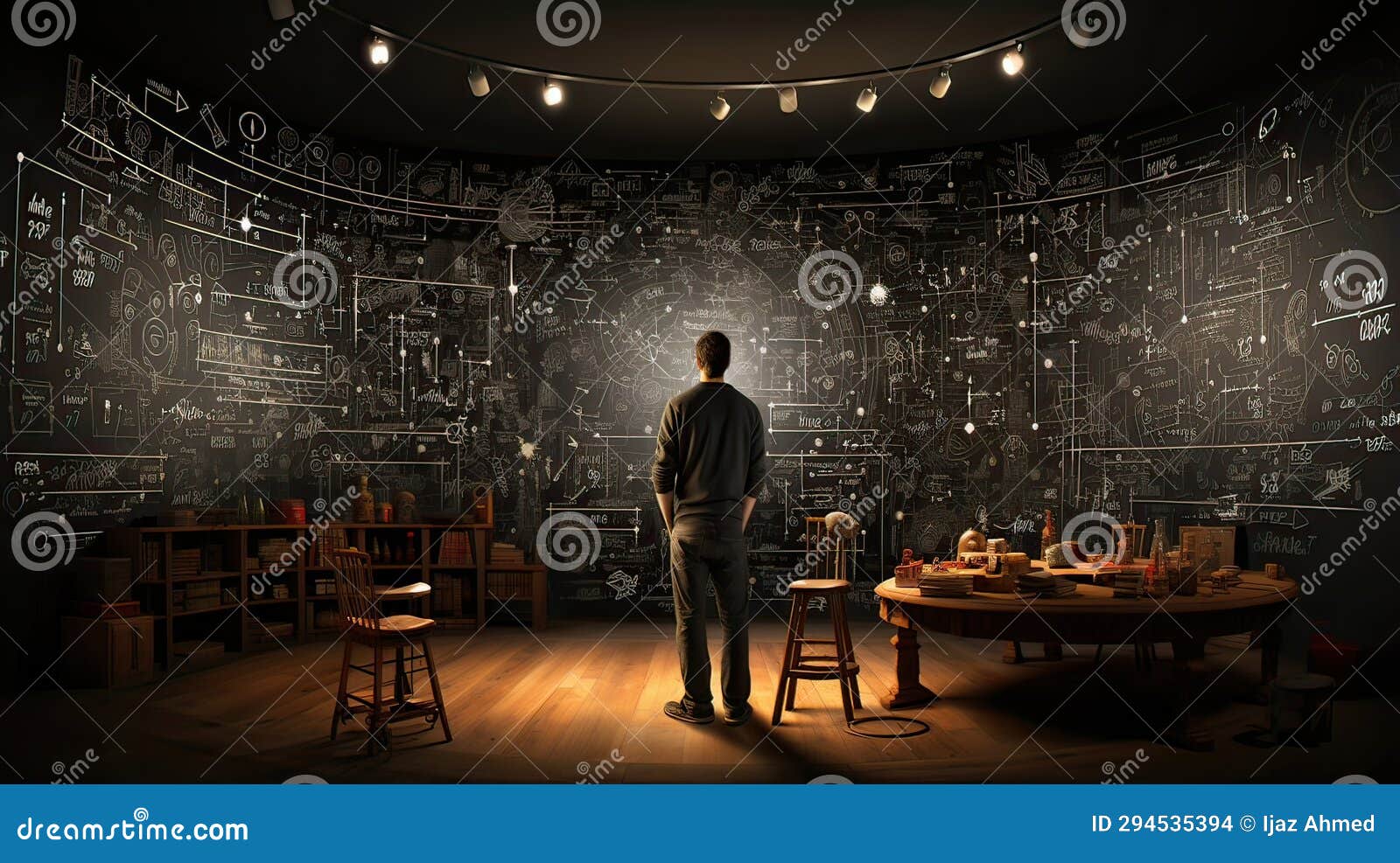 Back View of a Man Standing and Looking at a Mathematics Work on the ...