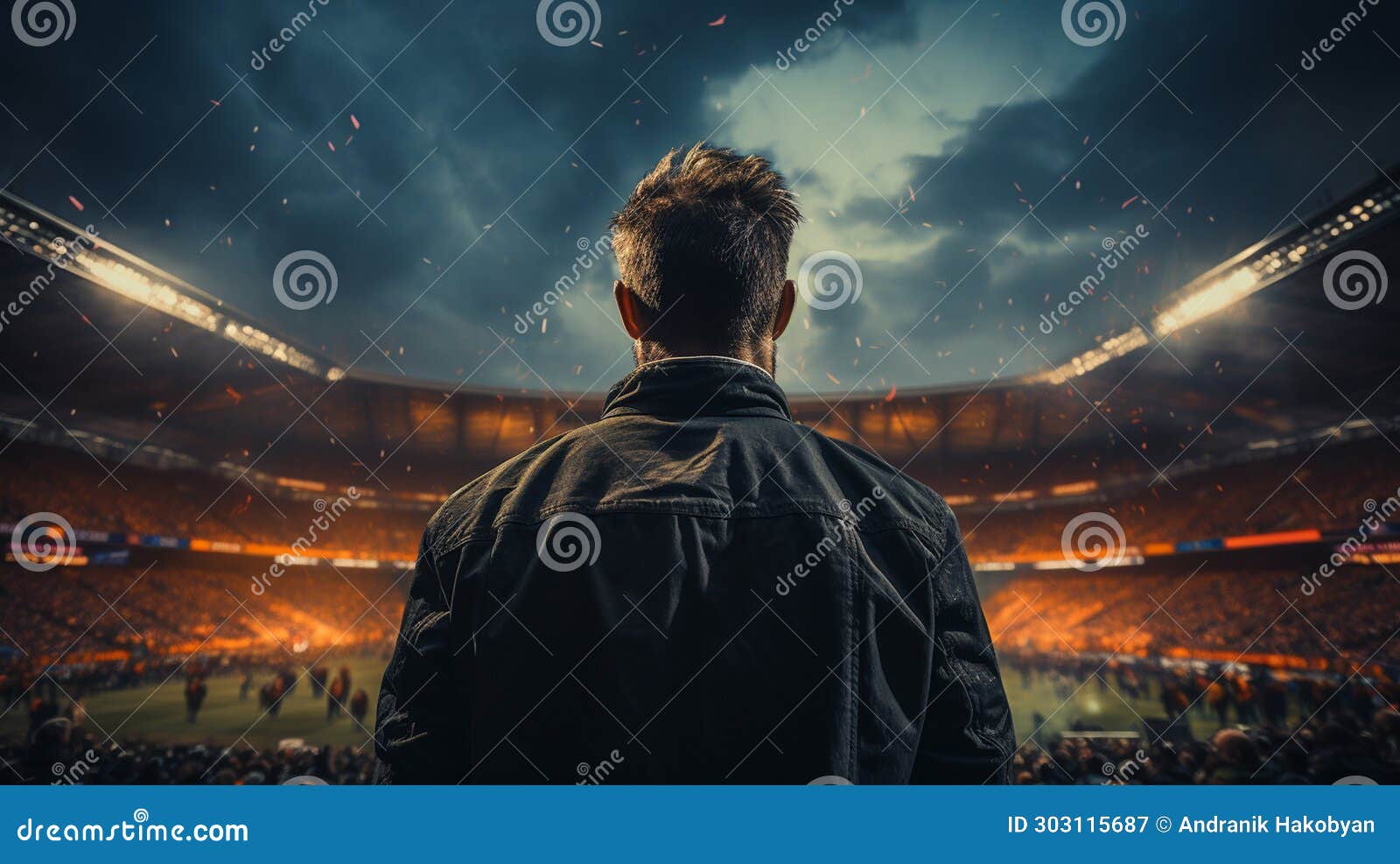 Back View Man Standing in a Soccer Stadium Stock Illustration ...