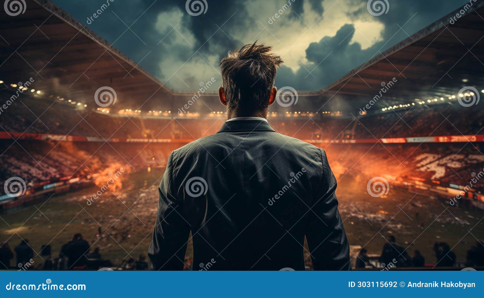 Back View Man Standing in a Soccer Stadium Stock Illustration ...