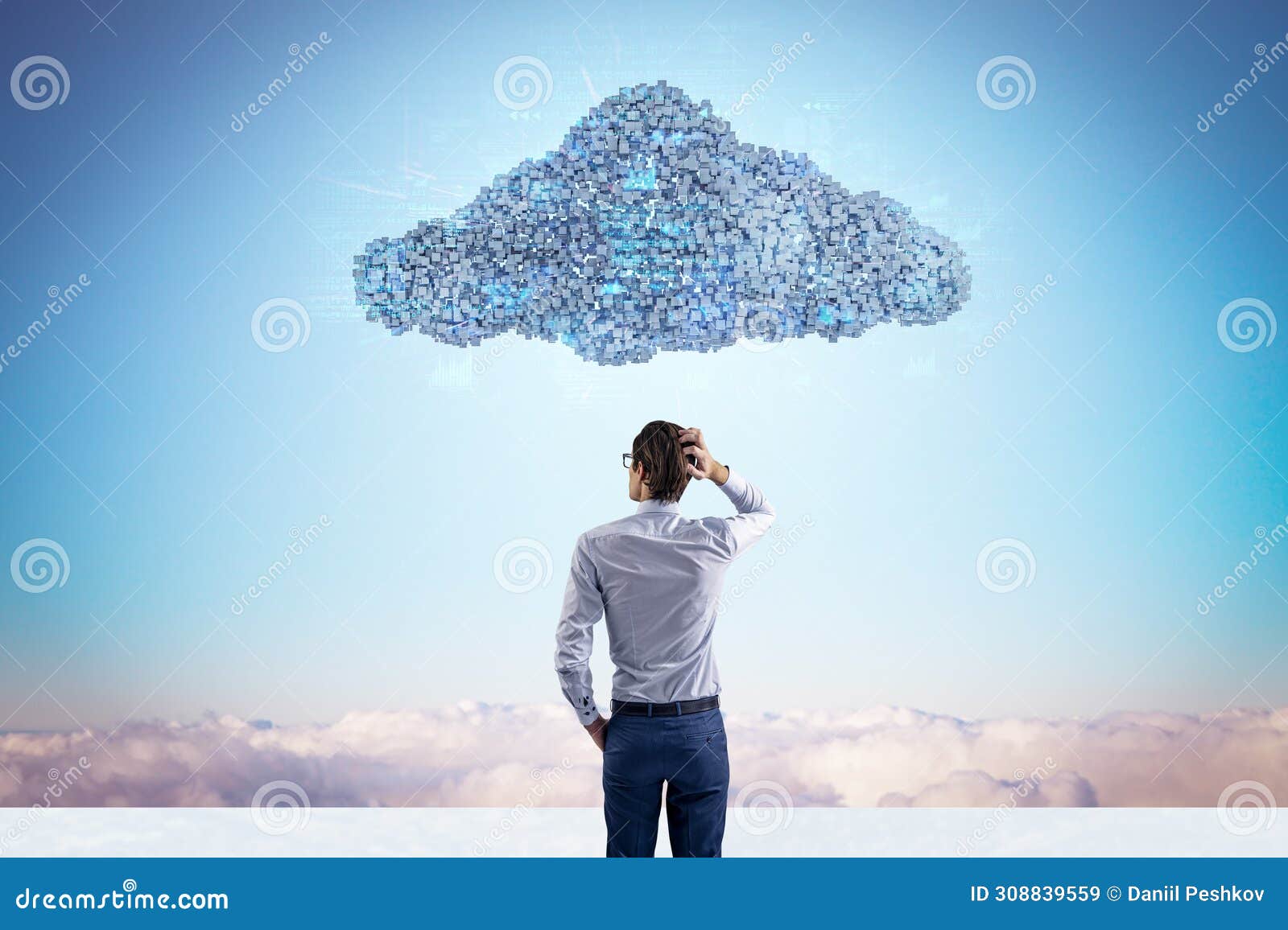Back View of Man Standing Under Abstract Digital Cloud with Programming ...
