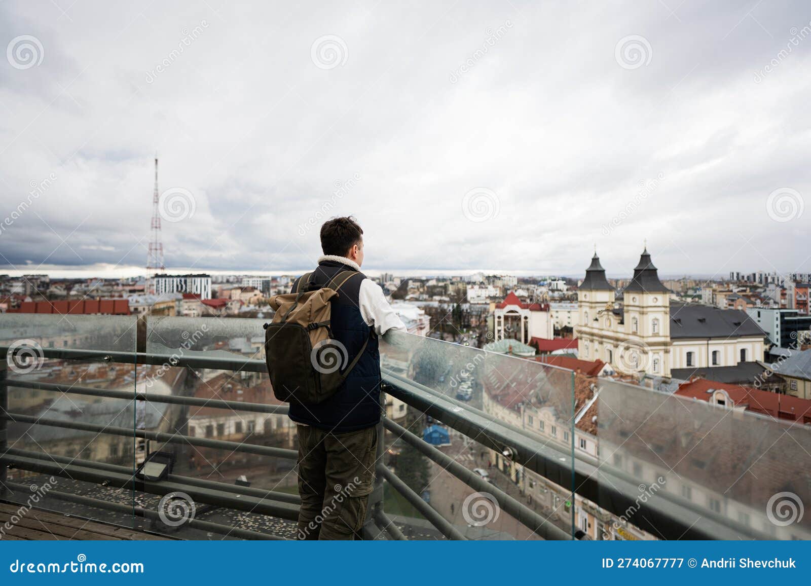 Back View of Man Tourist with Backpack Stand on Background of Panorama ...