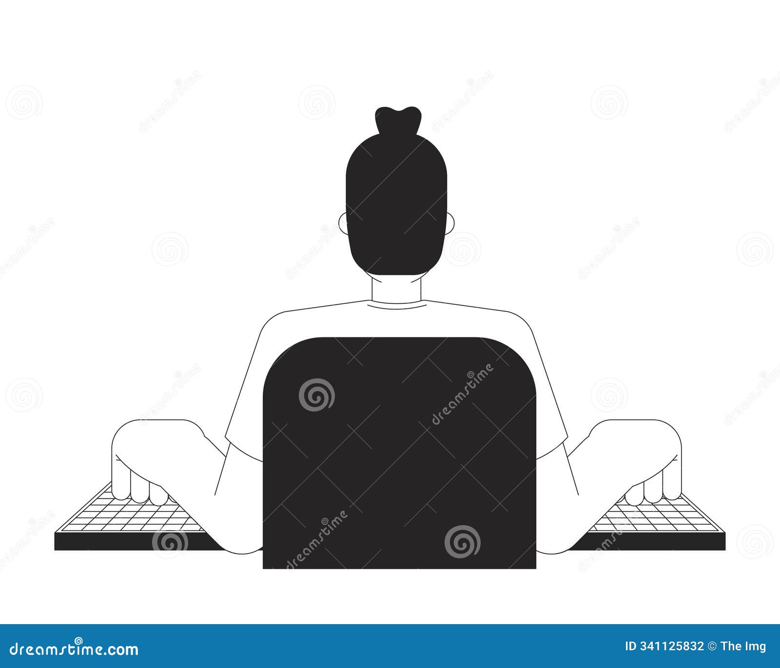 Back View Man Typing Computer Keyboard Black and White 2D Line ...