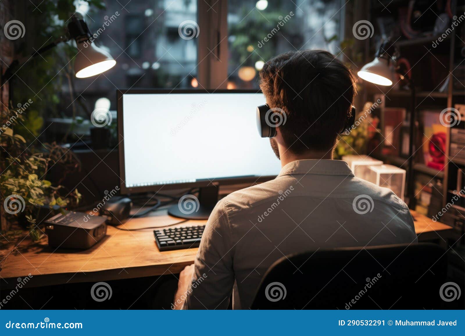 Back View of a Man Using a Computer Stock Illustration - Illustration ...