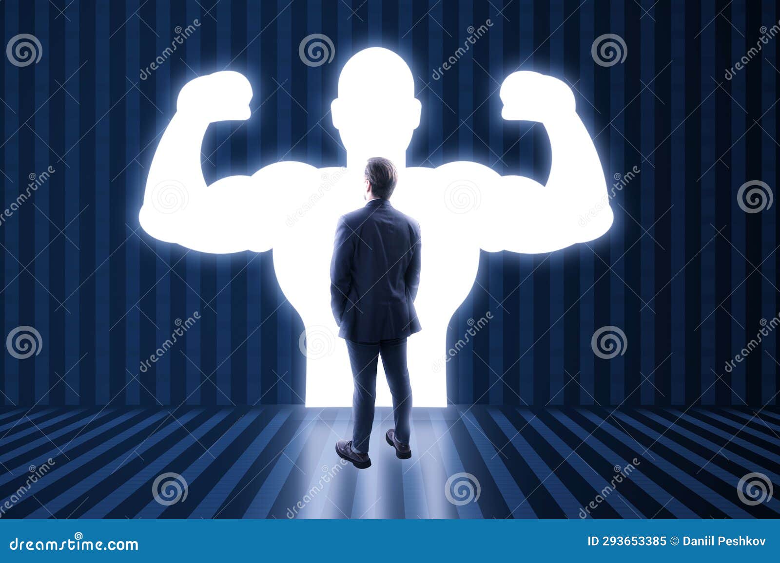 Back View of Man with Very Strong Illuminated Shadow Flexing Muscles on ...