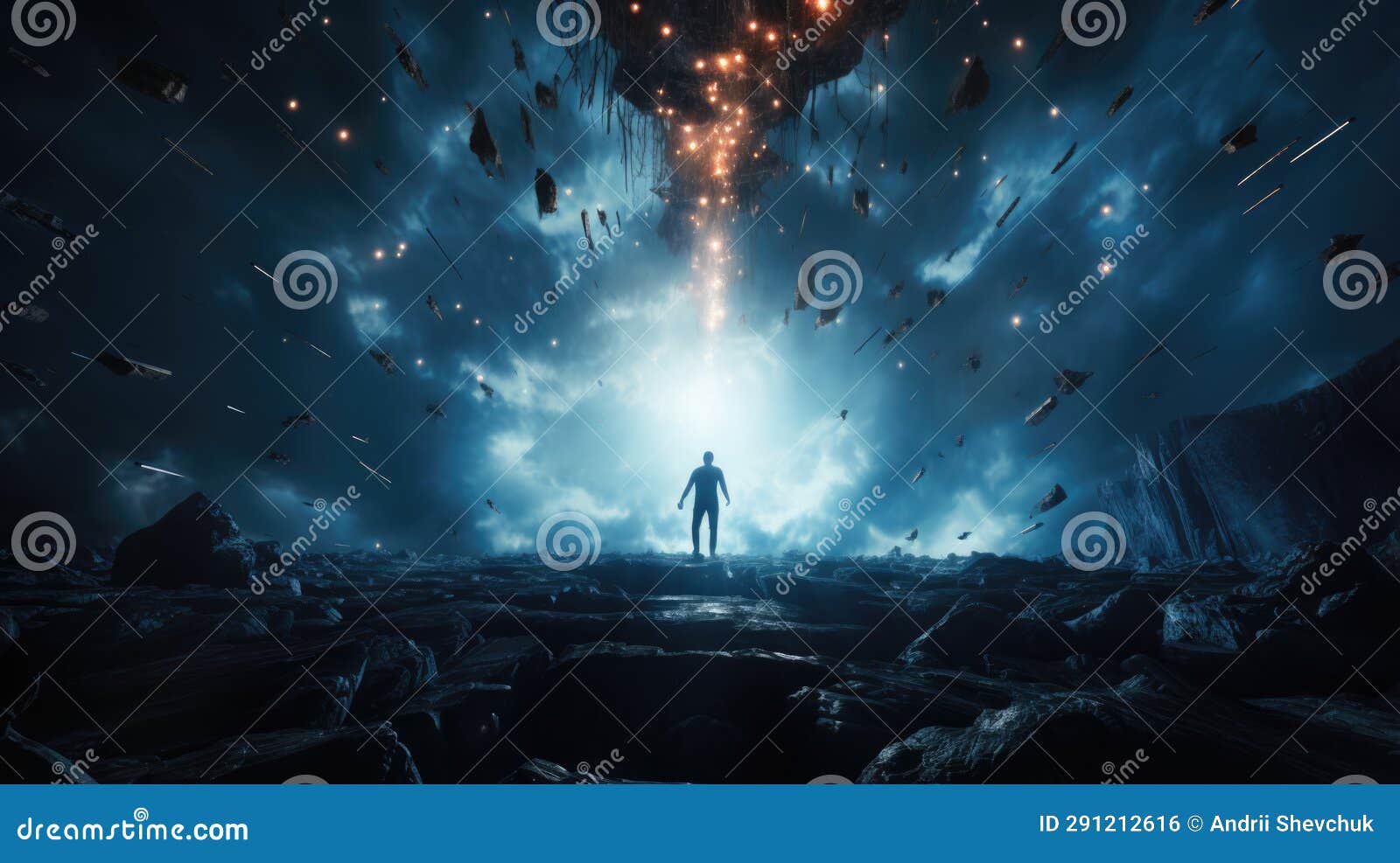 Back View of Man Walking on Abstract Exploded Background Stock ...