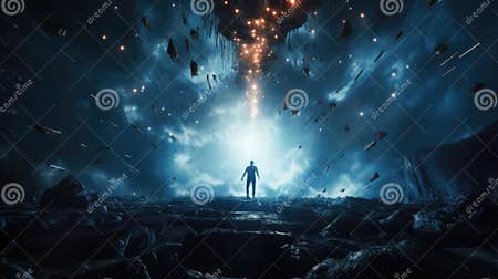 Back View of Man Walking on Abstract Exploded Background Stock ...