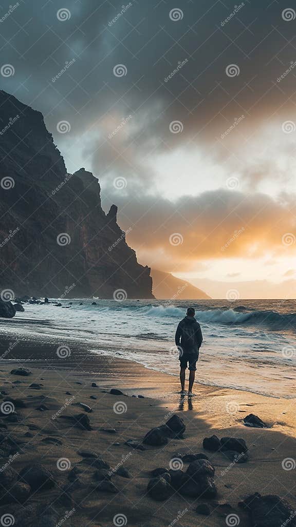 Back View of a Man Walking on Beach Side Landscape Stock Illustration ...
