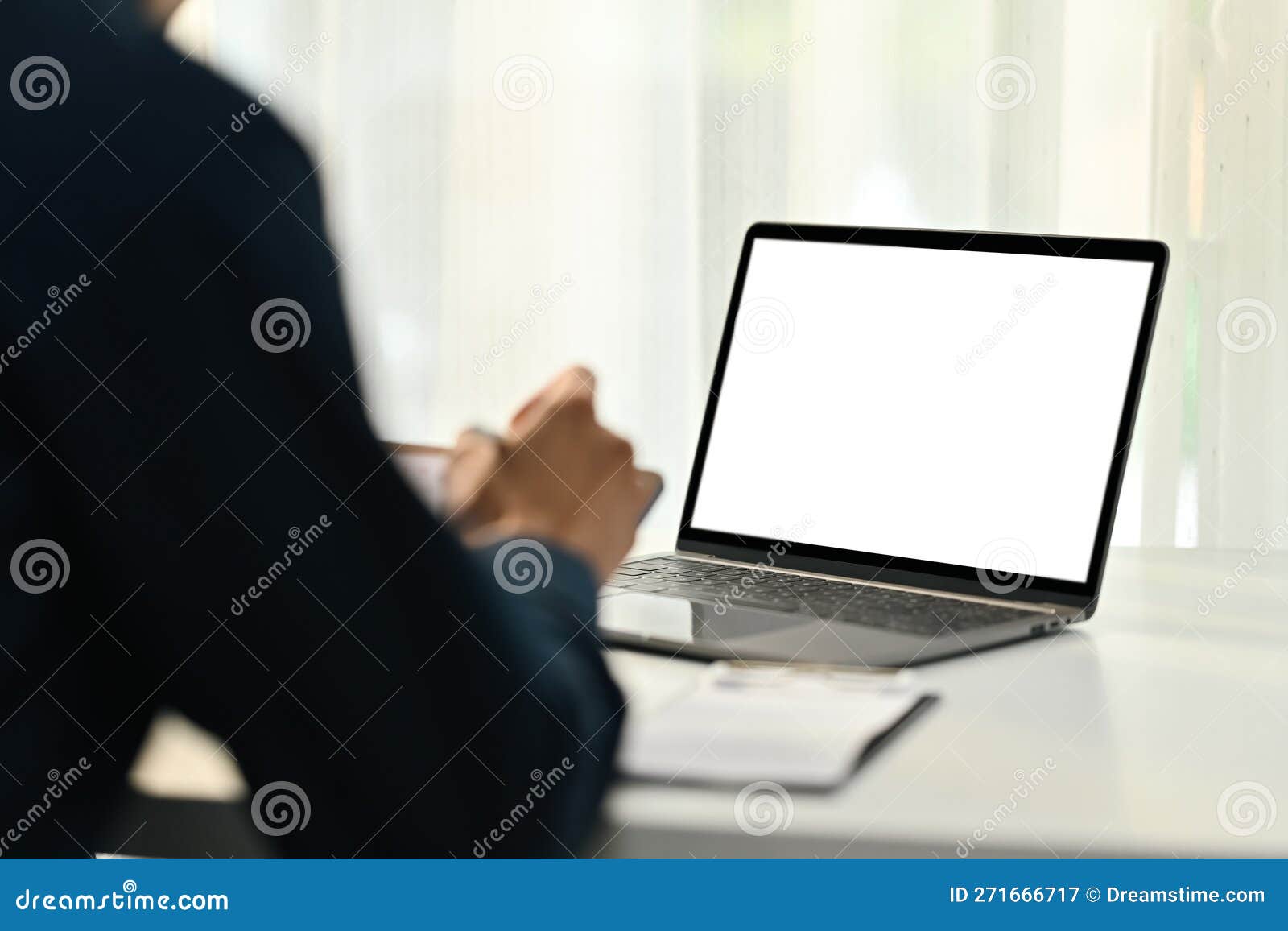 Back View of Man Worker Sitting at Office Desk with Blank Screen Laptop ...