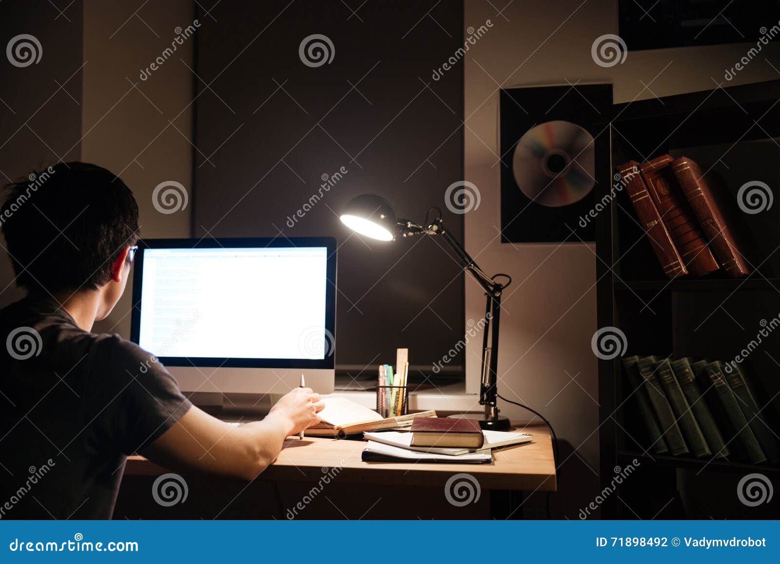Back View of Man Working with Blank Screen Computer Stock Photo - Image ...