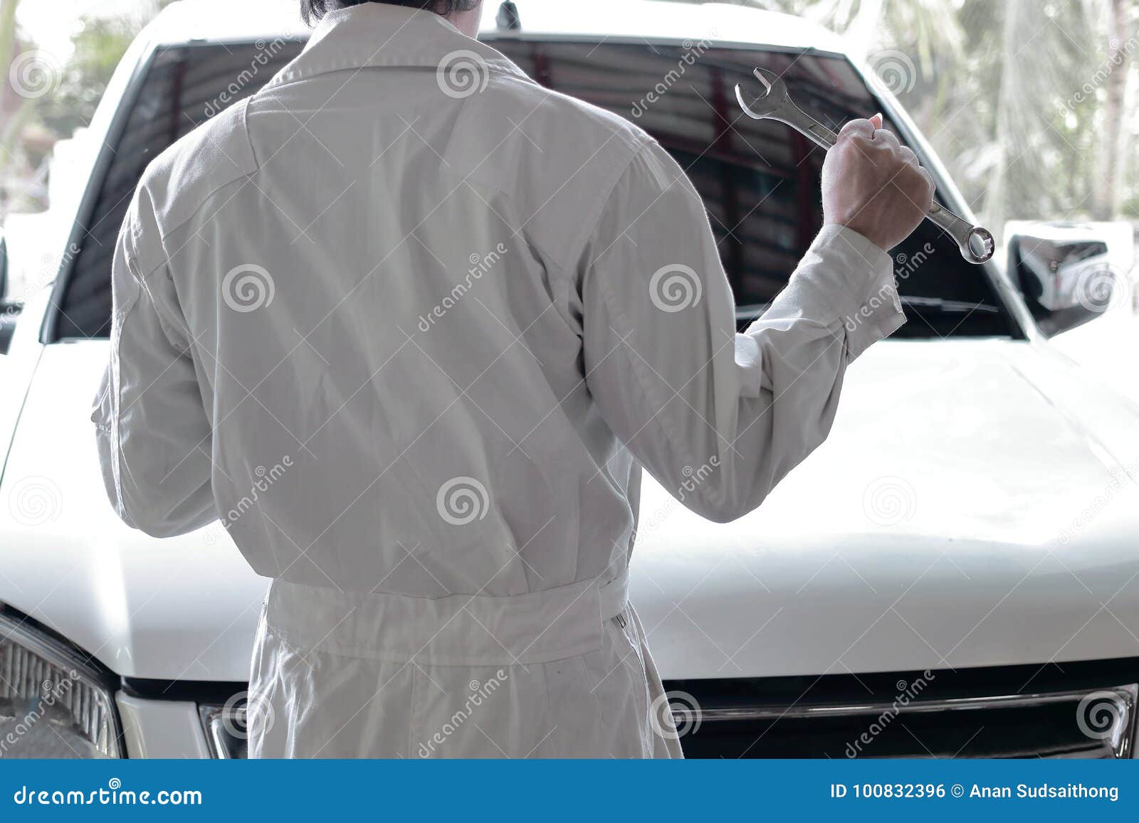 Back View of Mechanic Holding Wrench in Garage Stock Photo - Image of ...