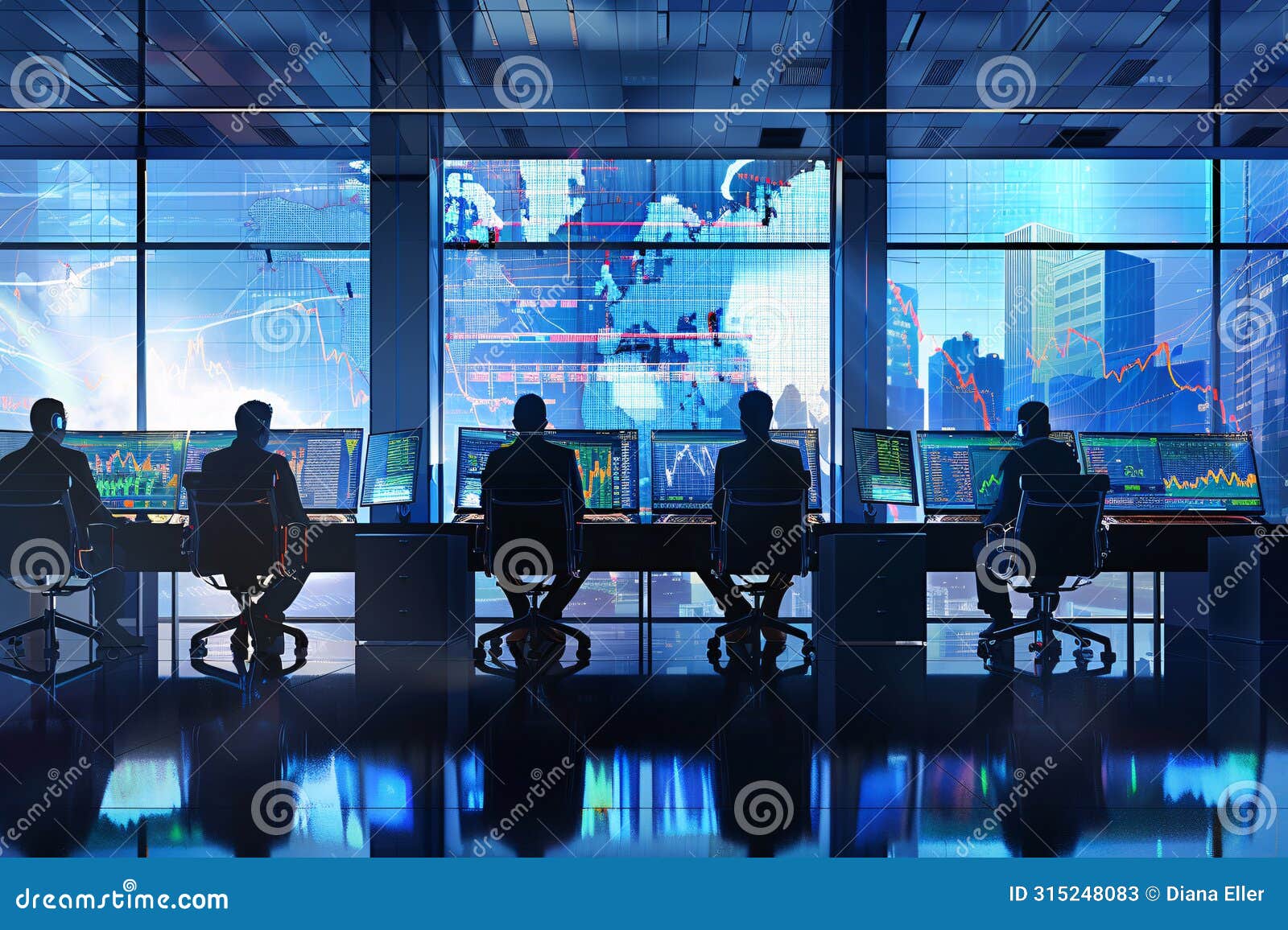 Back View of Men Sitting in Front of Computers and Monitors. Finance ...