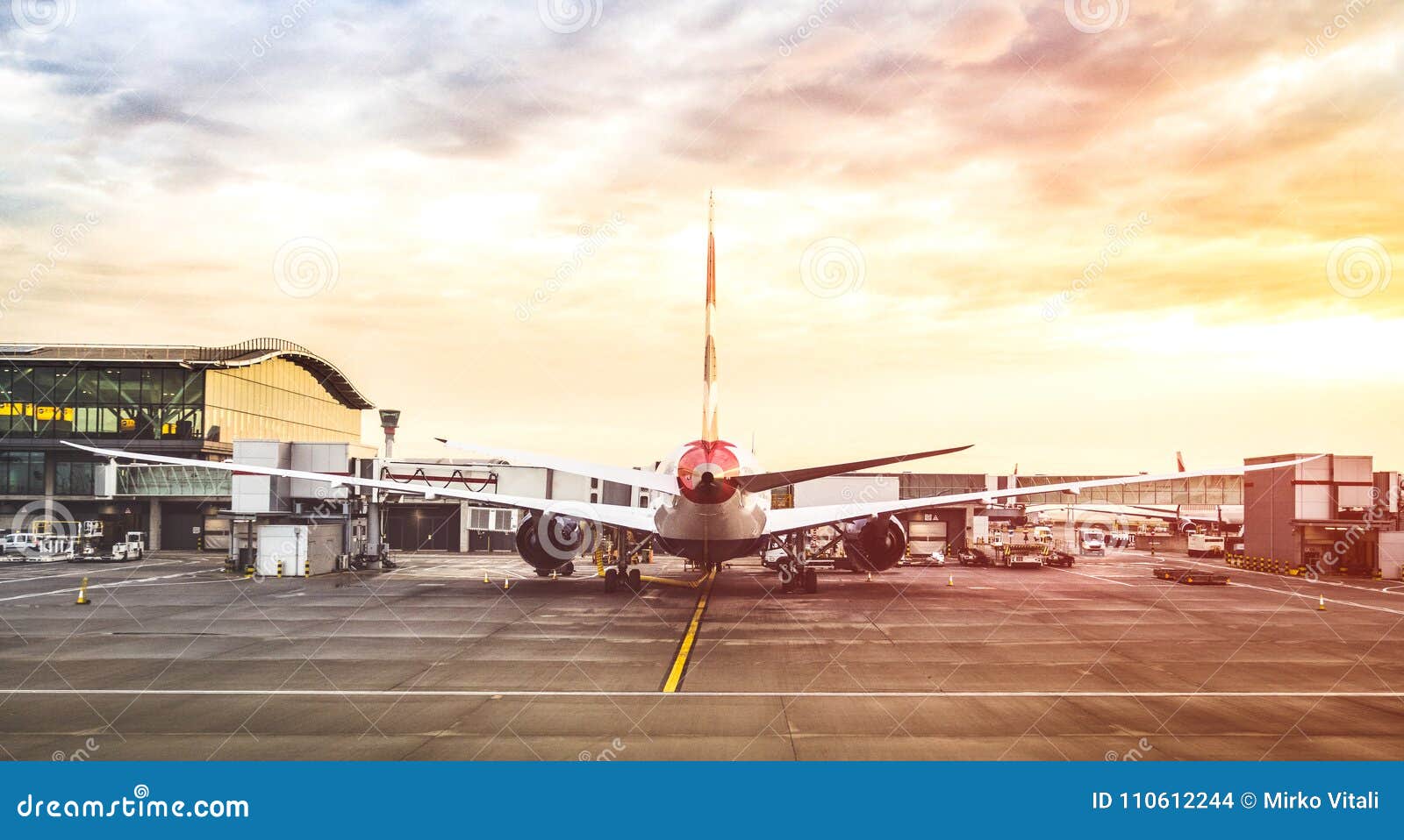 Back View of Modern Airplane at Terminal Gate Ready for Takeoff Stock ...