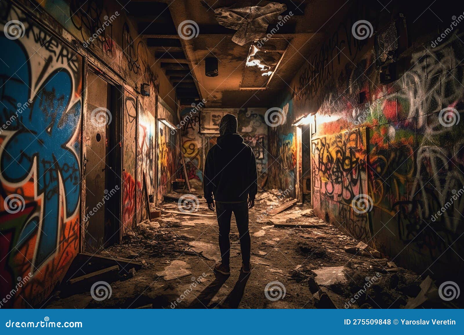 Back View of a Moody Man Inside a Dilapidated Painted Building ...