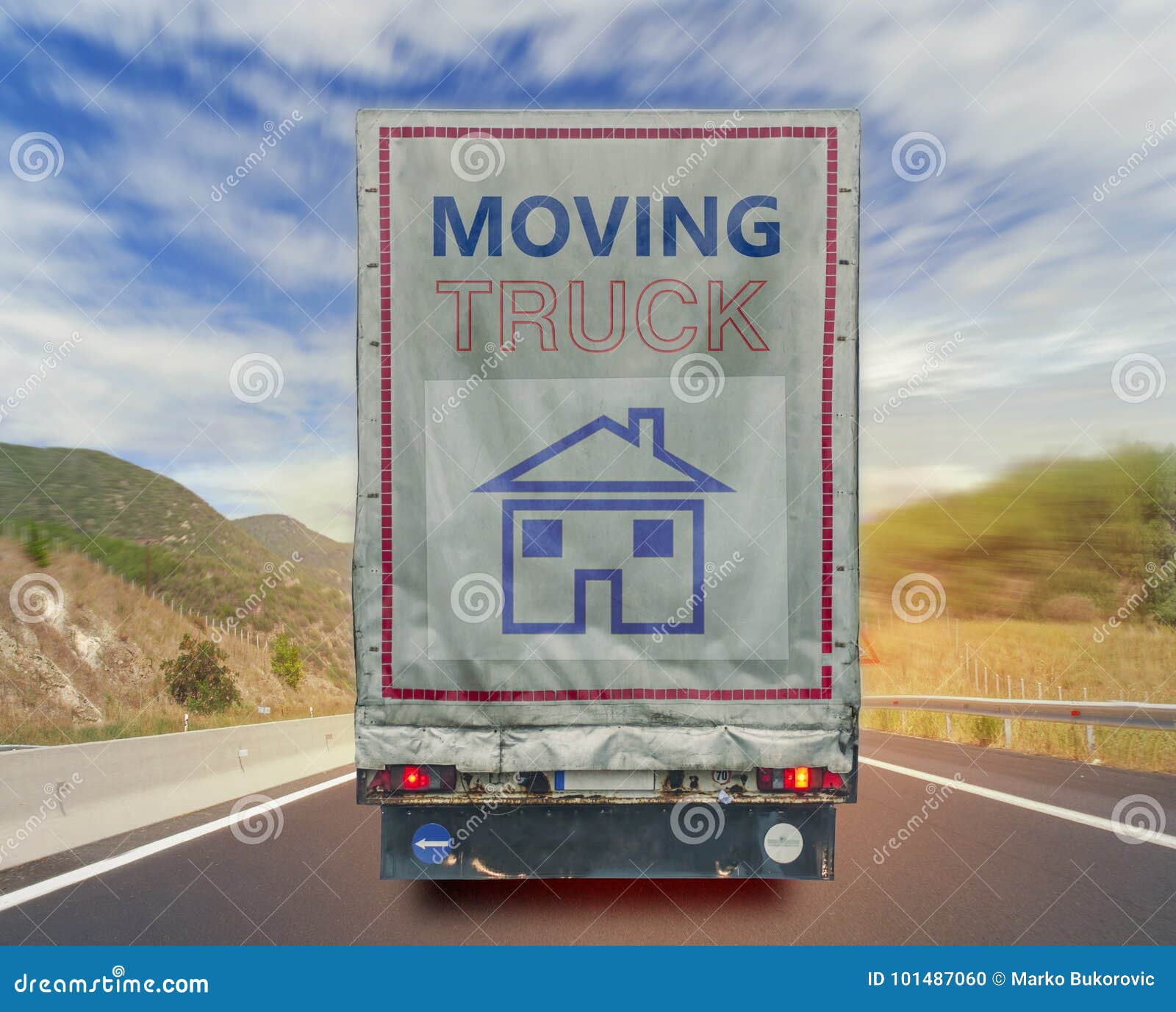 Back View of Moving Truck Transport Container on the High Way Road ...