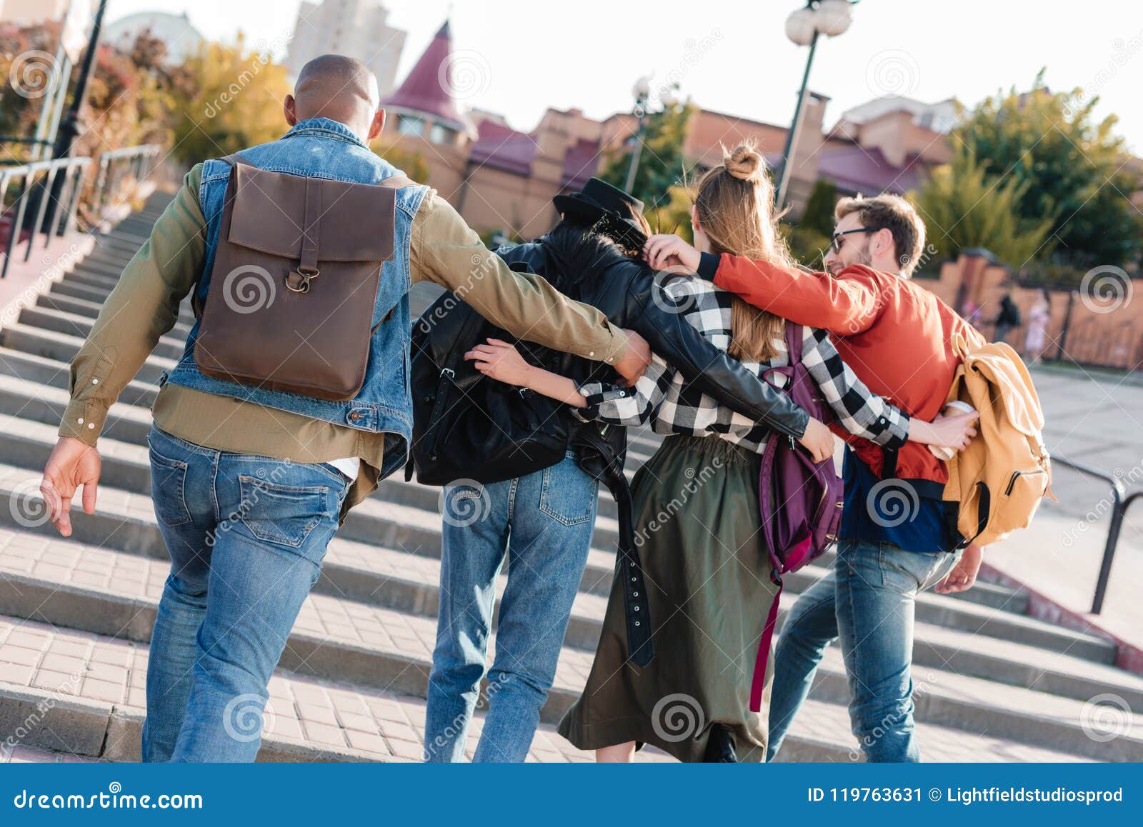 Back View of Multicultural Friends Walking Stock Image - Image of back ...