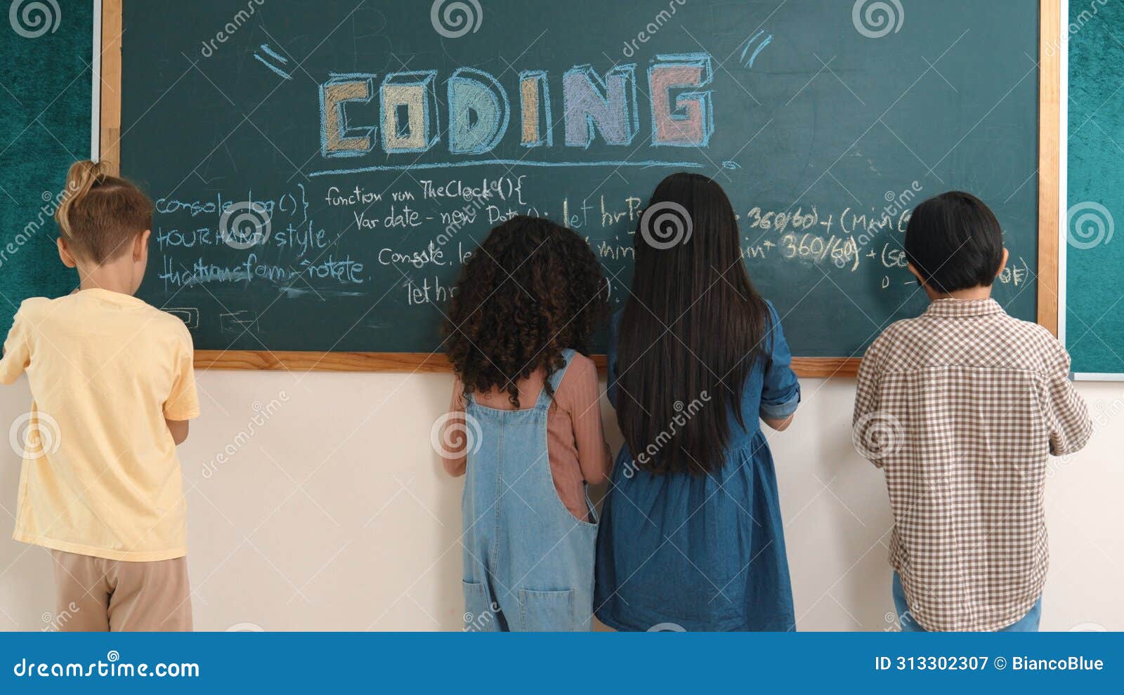 Back View of Student Writing Prompt at Board while Girl Turn Around. Pedagogy. Stock Image ...