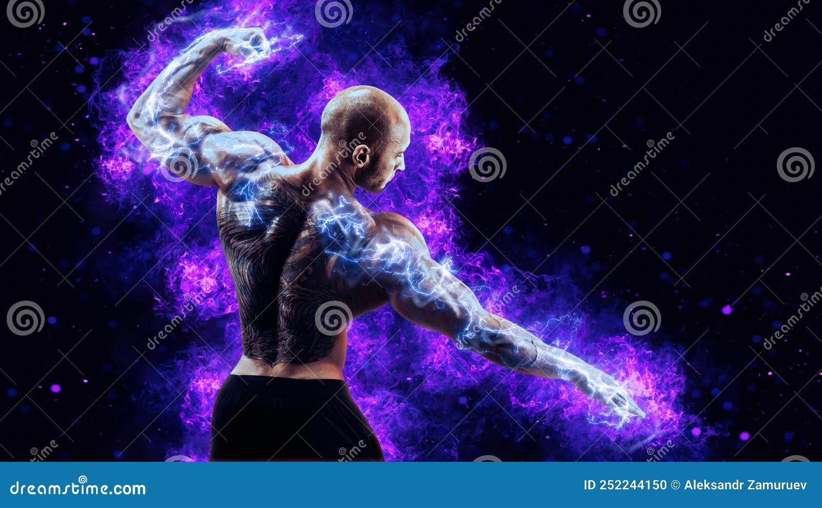 Back View of a Muscular Body Builder Flexing His Muscles with Energy ...