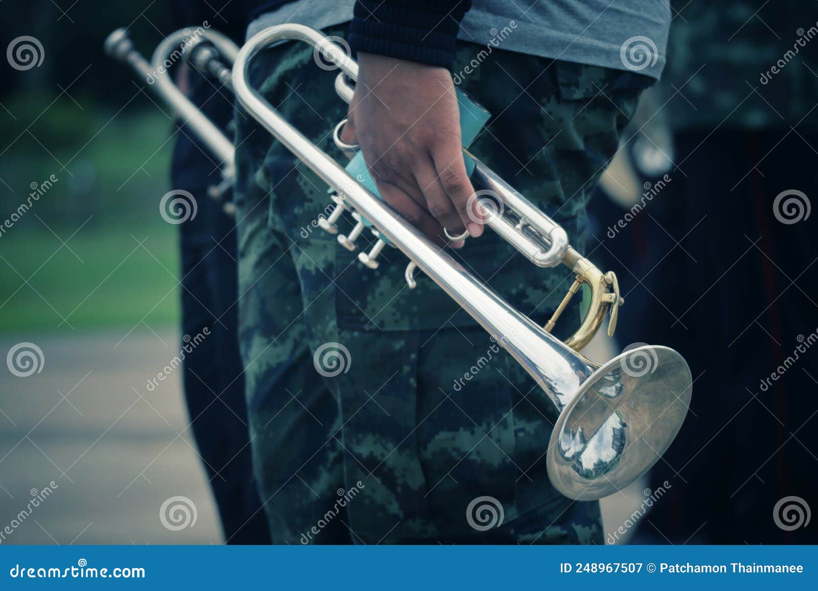 Back View Musician Playing Empty Trumpet Instrument Outdoors Selectable ...
