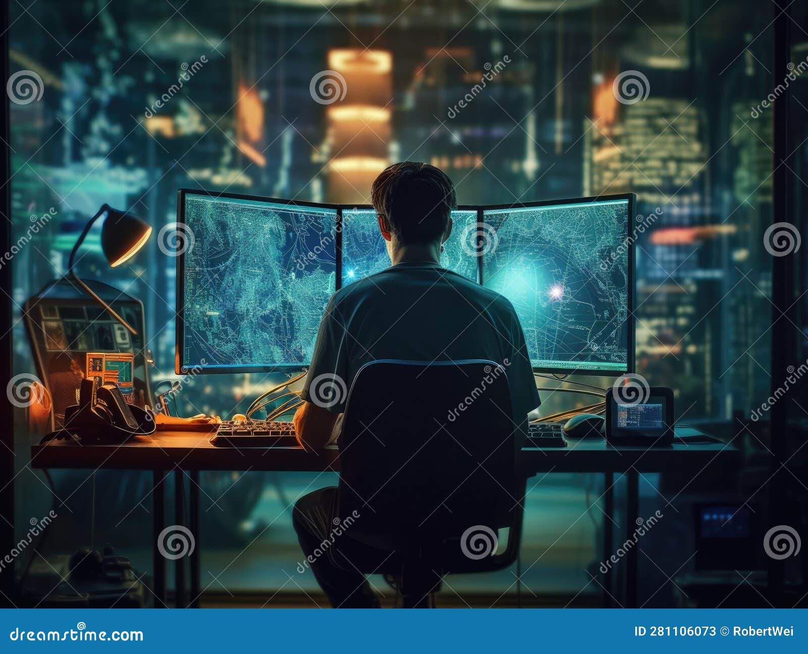 Back View of One Programmer Sitting at Desk and Working on Computer Monitors Stock Illustration ...
