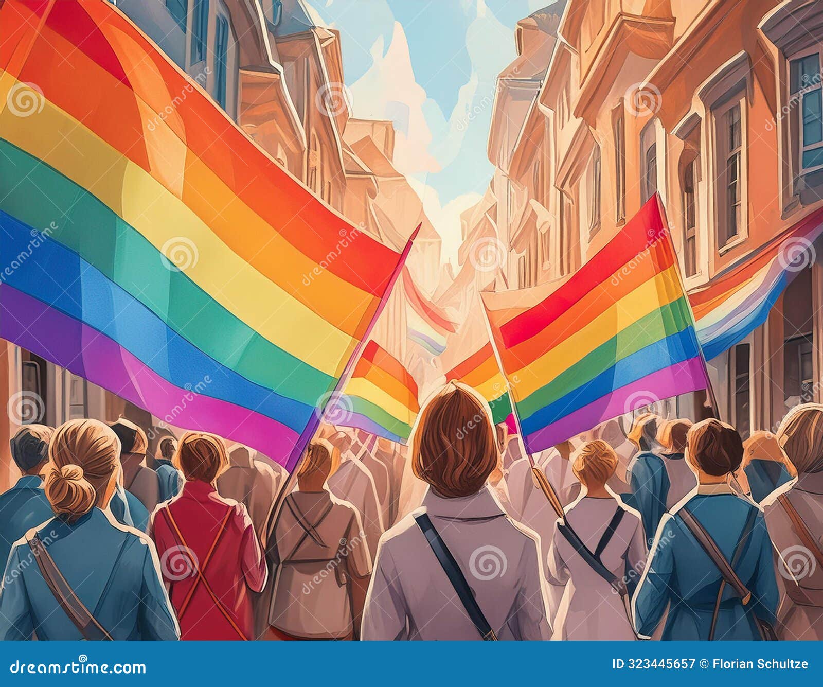 Back View of People with LGBT and Trans Flags Protest on the Street ...