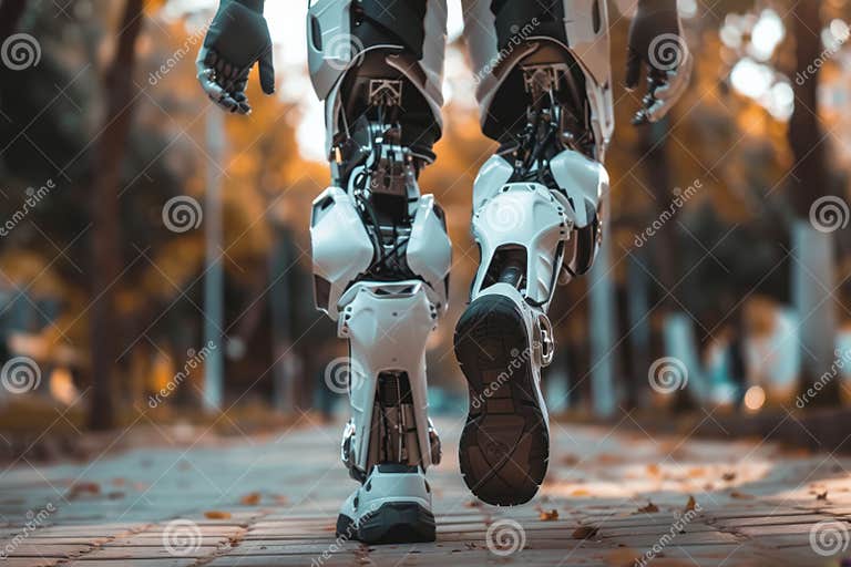Back View of a Person in Advanced Robotic Exoskeleton Walking on a Path ...