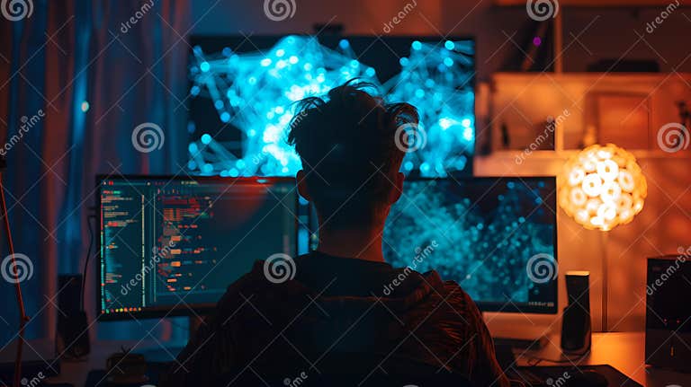 Back View of a Person Coding Late at Night, Illuminated by Screen Glow ...