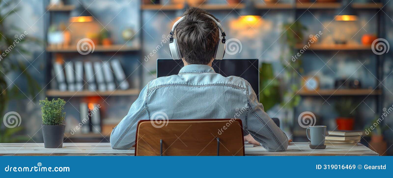 Back View of Person at a Computer Desk Stock Image - Image of equipment ...