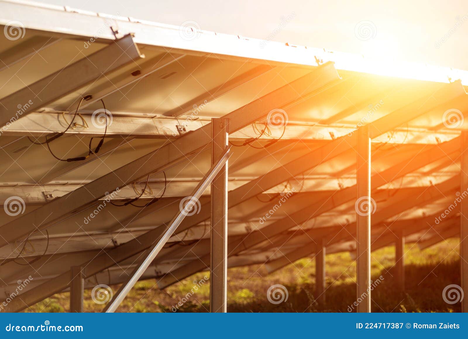 Back View of Photovoltaic Solar Panels on Sunset Background Stock Image ...