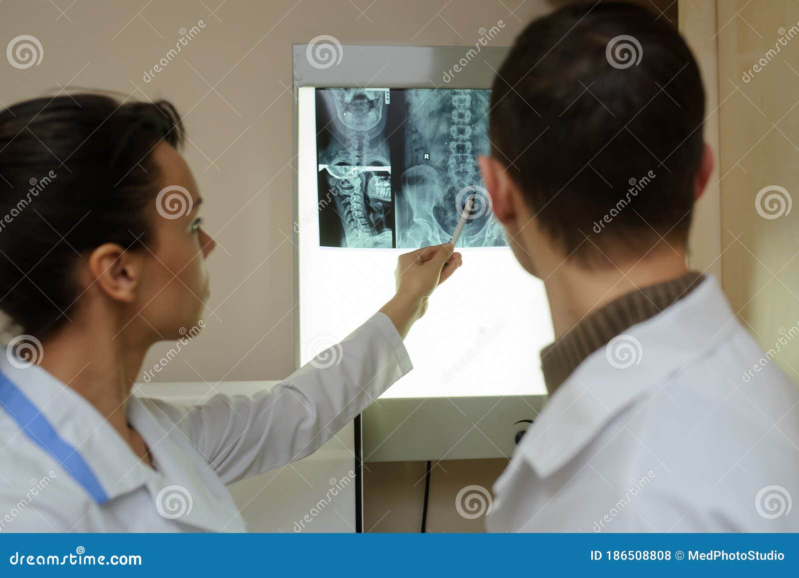 Back View: Picture of Two Doctors Exploring Spinal X-ray Stock Photo ...