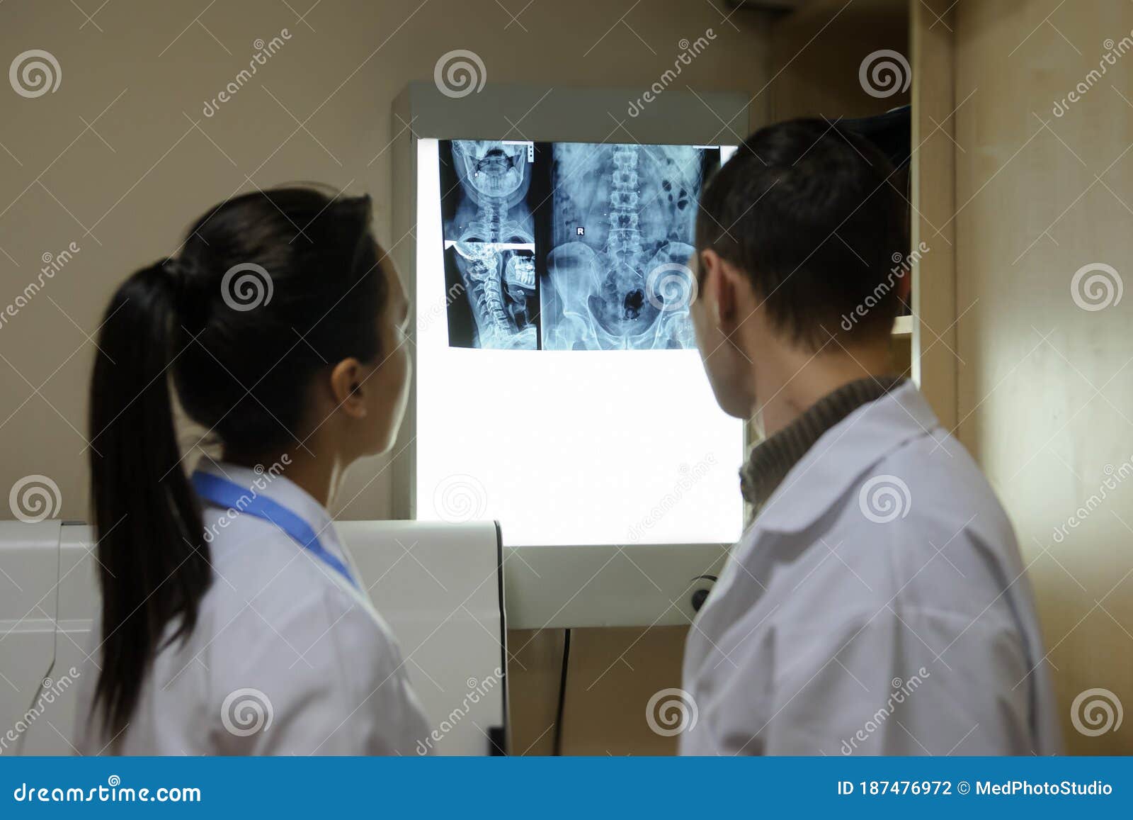 Back View: Picture of Two Doctors Exploring Spinal X-ray Stock Photo ...