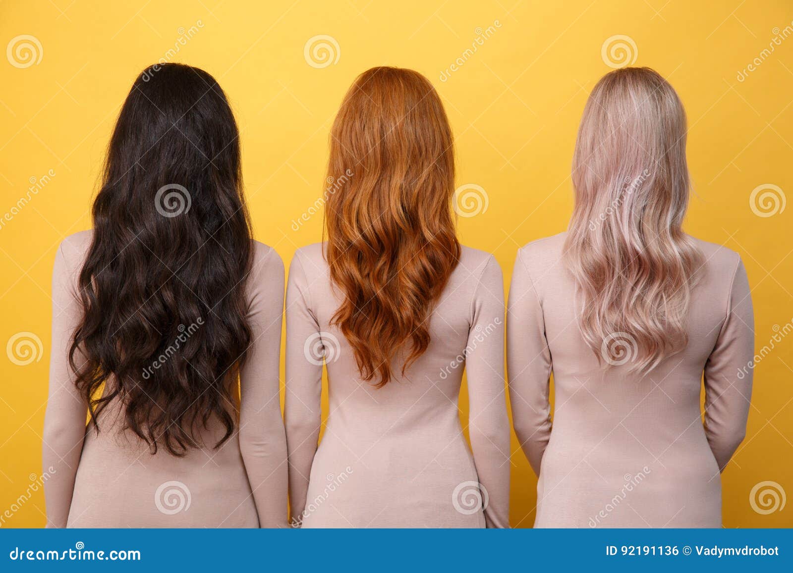 Back View Picture of Young Three Ladies Over Yellow Background. Stock ...
