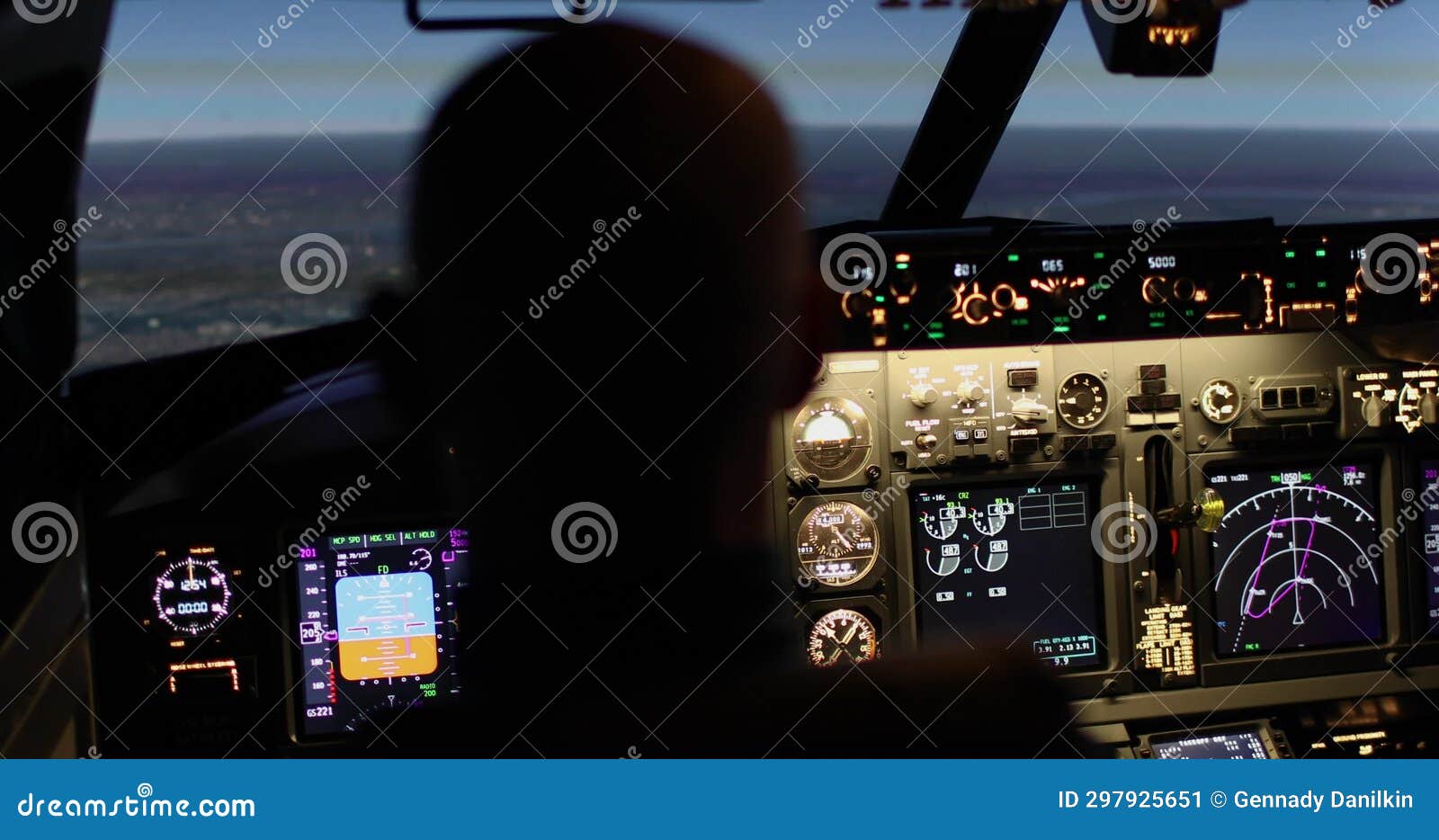 Back View of Pilot Taking Off and Flying an Airplane at Dusk. the Pilot ...