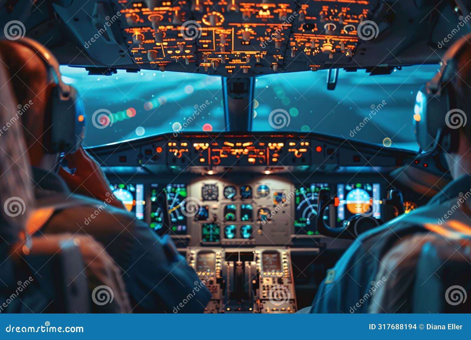 Back View of Pilots in the Cockpit of Modern Airplane Stock ...