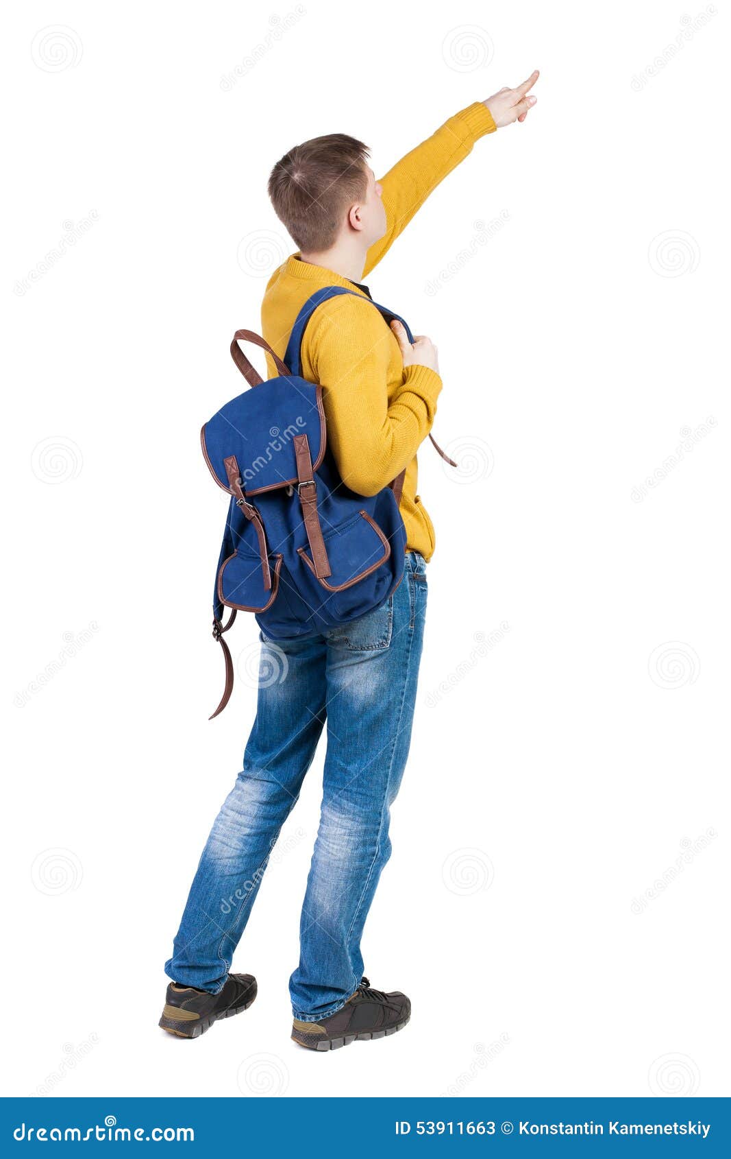 Back View of Pointing Young Man with Backpack. Stock Image - Image of ...