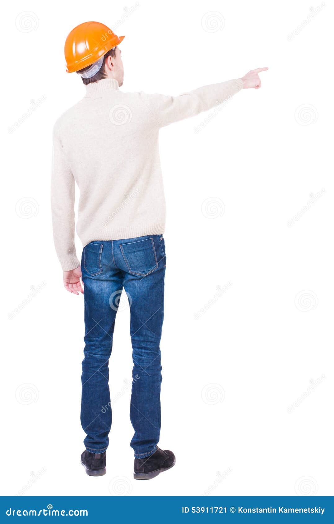 Back View of Pointing Young Man in Helmet. Stock Image - Image of ...