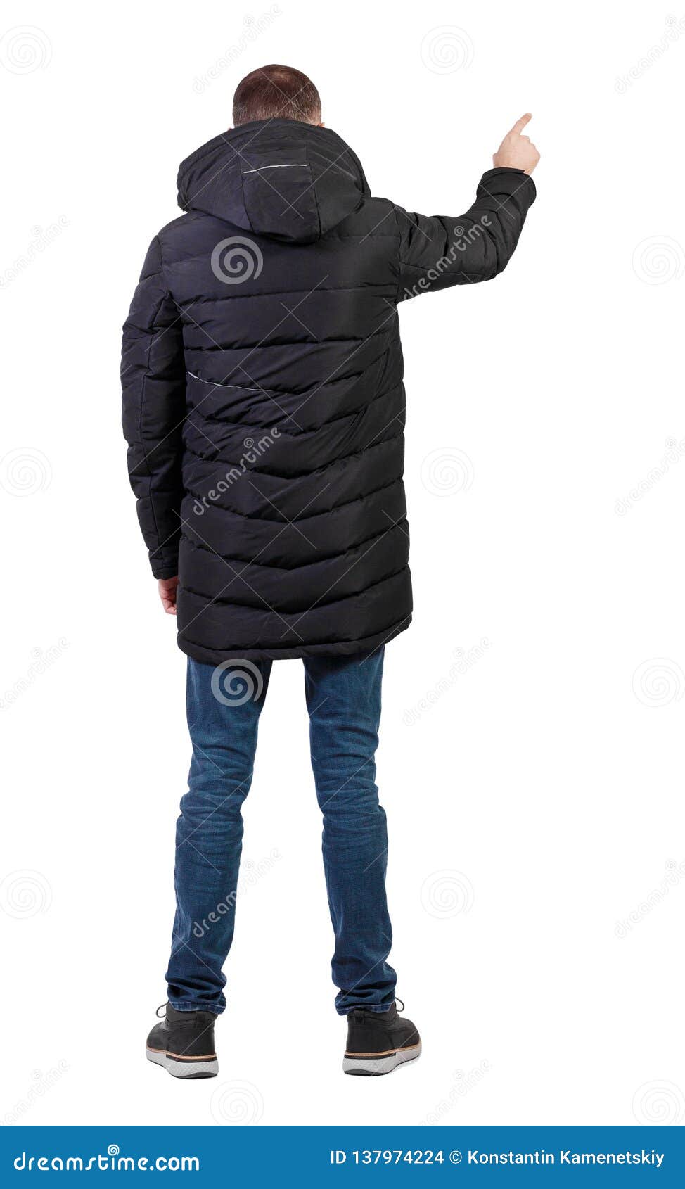 Back View of Pointing Young Men in a Black Winter Jacket Stock Photo ... Back View of Pointing Young Men in a Black Winter Jacket Stock Photo ...