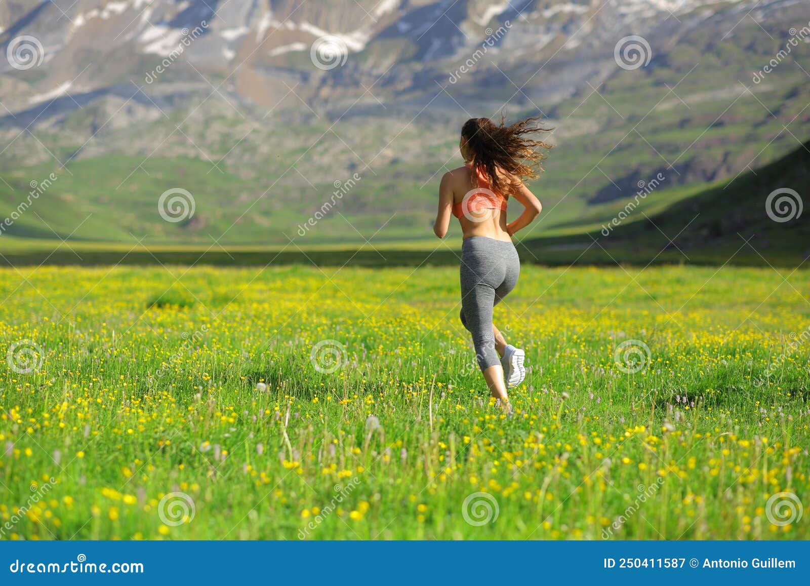 Back View Portrait of a Runner Running in a Field in the Mountain Stock ...