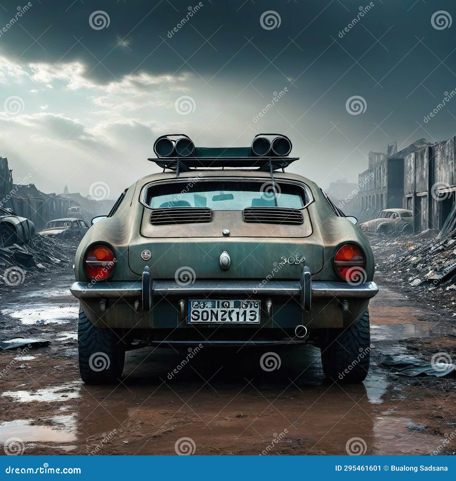 Back View of a Post Apocalyptic Inspired and a Car in the Post Stock ...