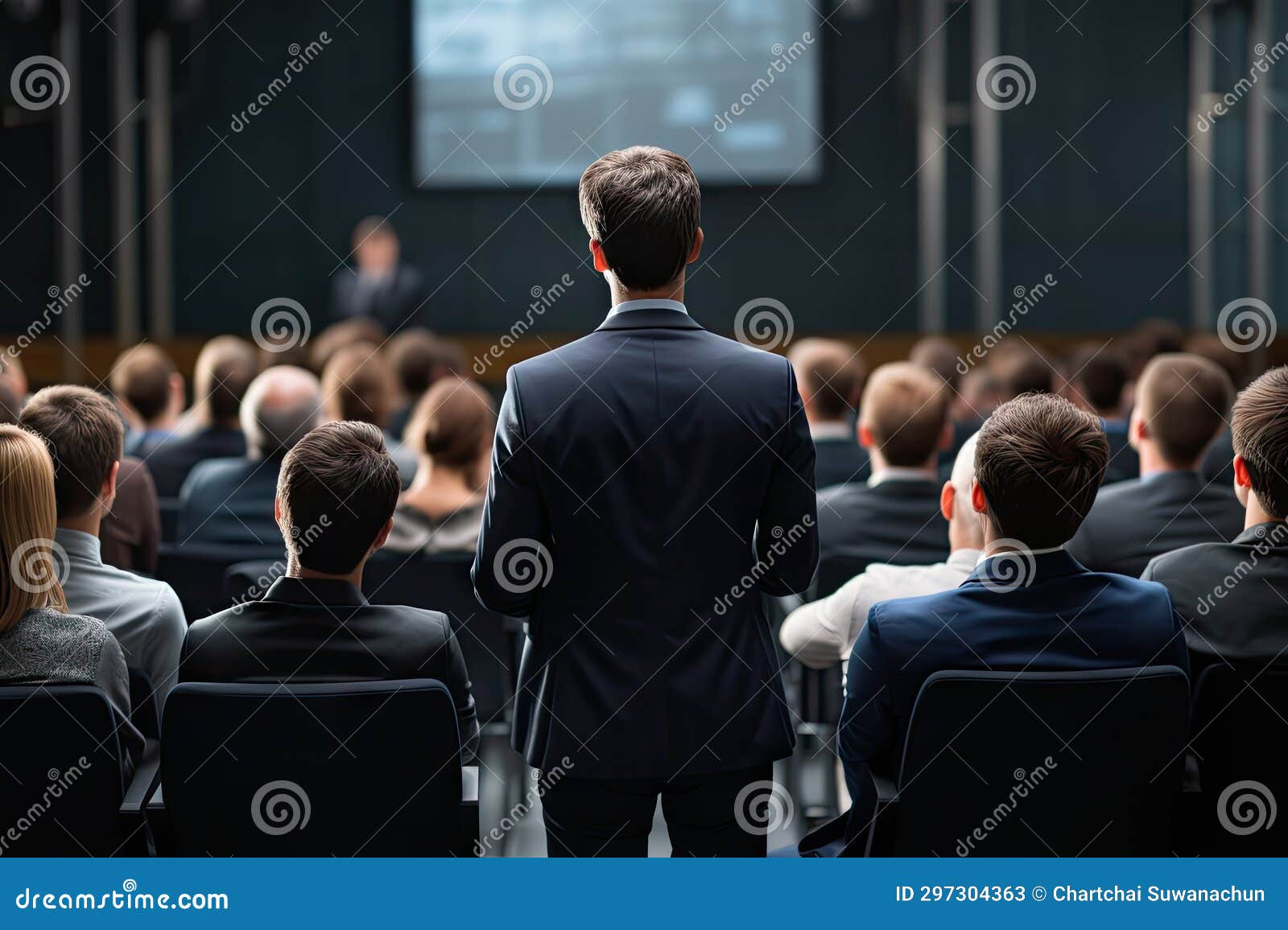Back View of the Presenting Business Man Front of People.by Generative ...