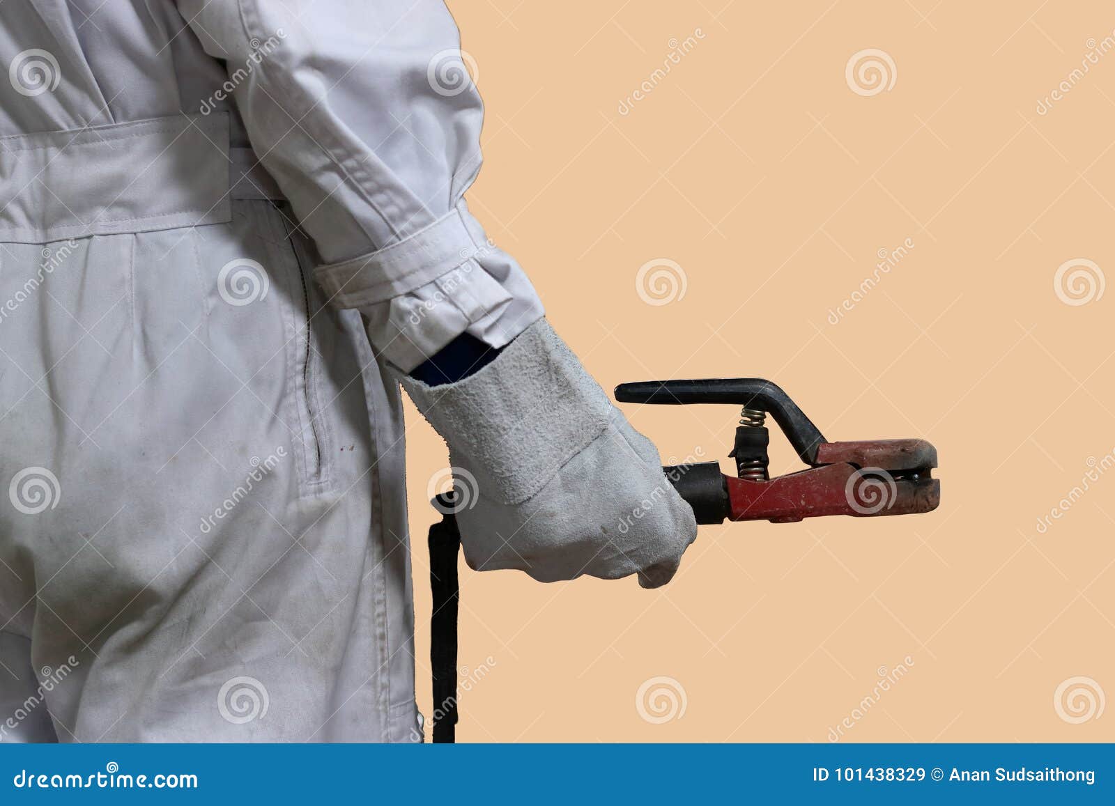 Back View of Professional Welder Worker in White Uniform Holding Arc ...
