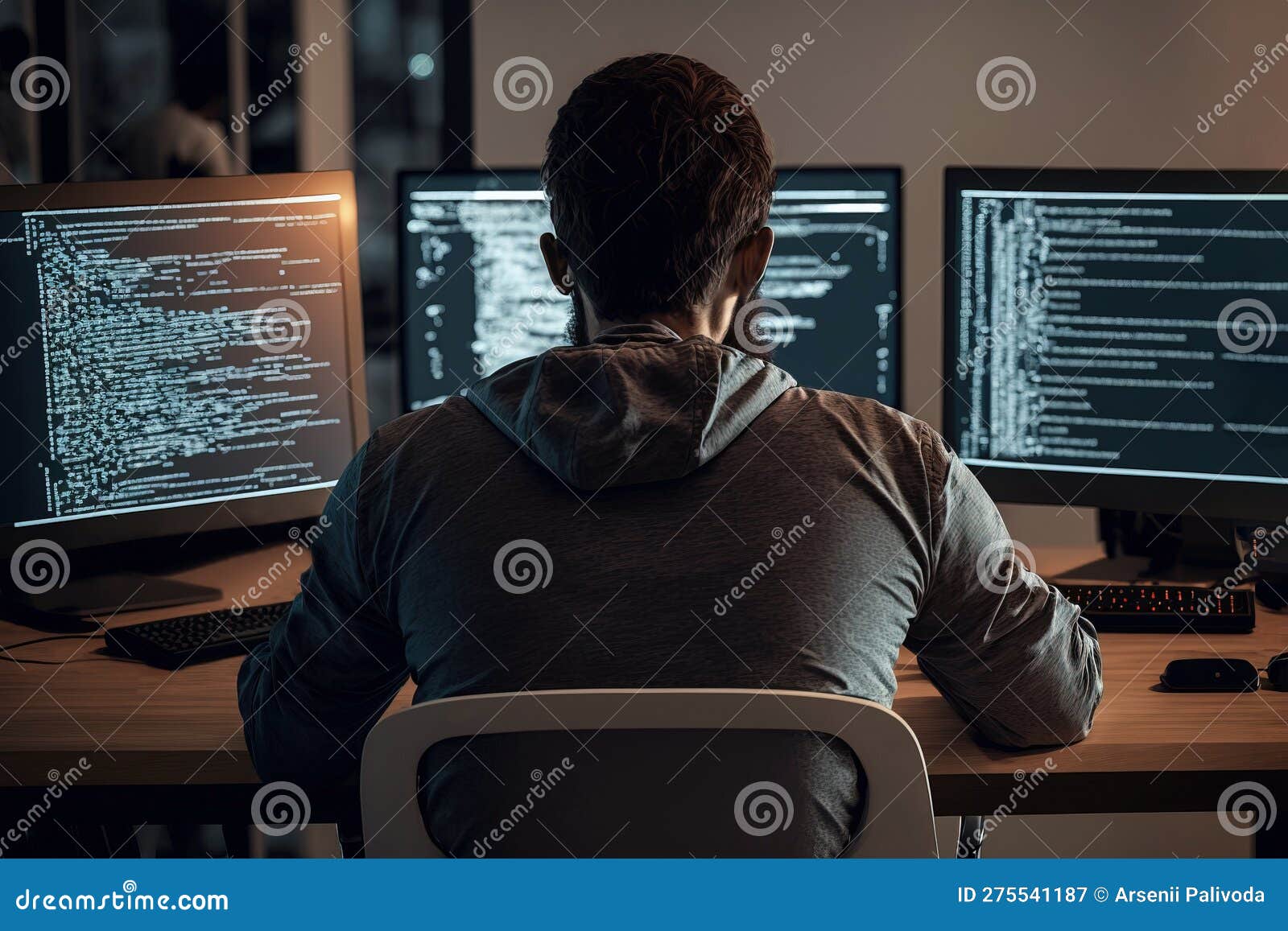 Back View Of Programmer Coding Scripts Late At Night Generative Ai Stock Illustration