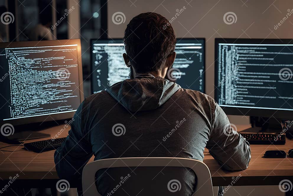 Back View of Programmer, Coding Scripts Late at Night. Generative AI Stock Illustration ...