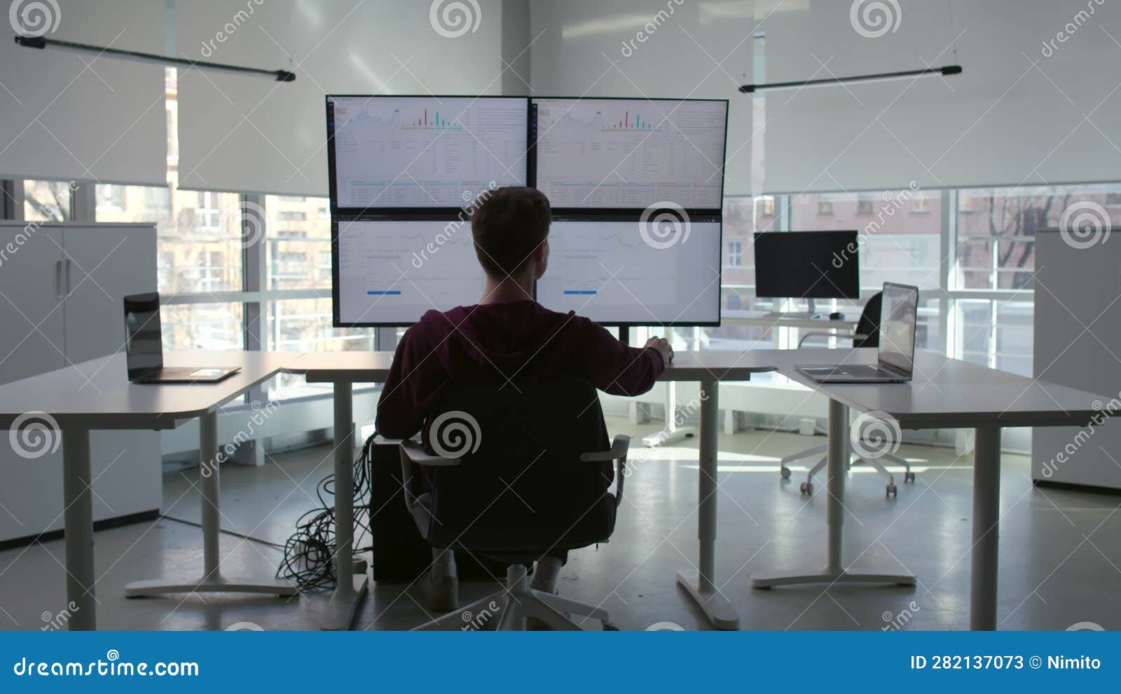 Back View Of It Programmer Work At Multi Screen Computer Workstation Stock Video Video Of